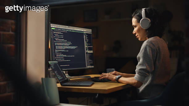 Brazilian Female Programmer Working on Computer at Home. Brilliant ...