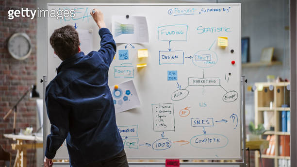 Young Project Manager Using Charts and Statistics and Writing on a ...