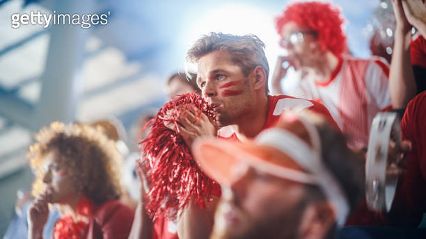 Sport Stadium Big Event: Intense Caucasian Man Cheering, Whistling ...
