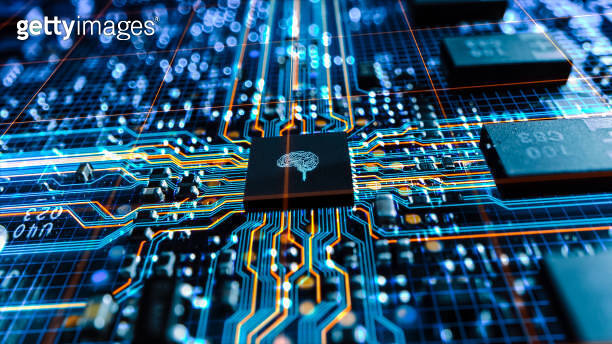 Futuristic Technology Concept Visualization: Circuit Board CPU Processor Microchip Starting ...