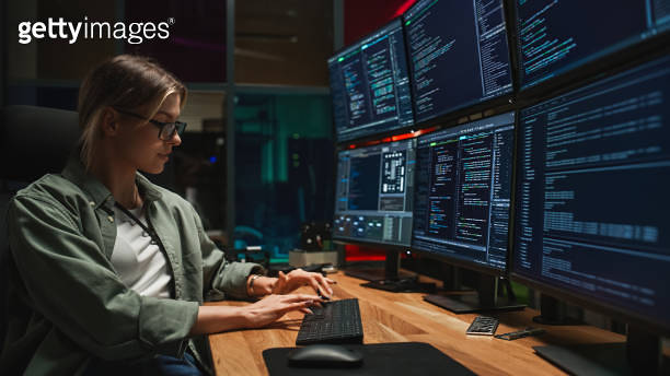 Female Programmer Coding on Desktop Computer With Six Monitors Setup in ...