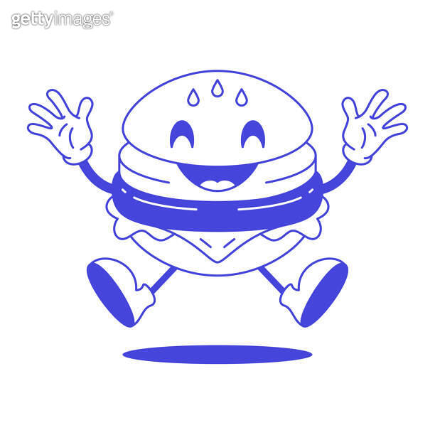 Happy burger jumping emoticon cartoon character retro 30s animation ...