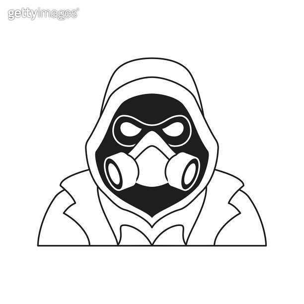 Y2k scary man in hood and respirator mask Halloween monochrome line ...