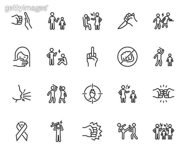 Vector set of violence line icons. Contains icons harassment, abuse ...