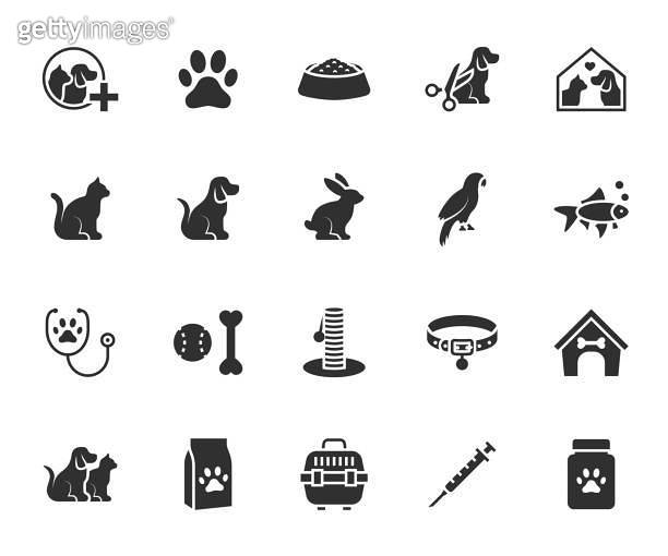 Vector set of pet flat icons. Contains icons veterinary, pet food, grooming, paw, pet house ...