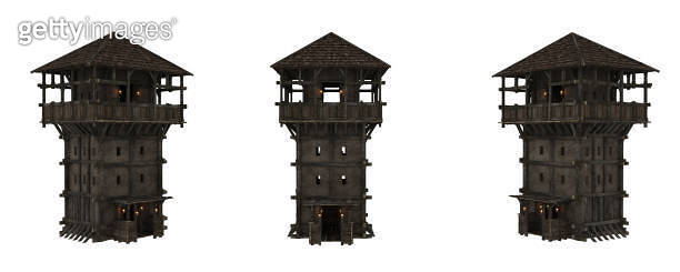 Ancient medieval wooden tower building with balcony on the top floor ...