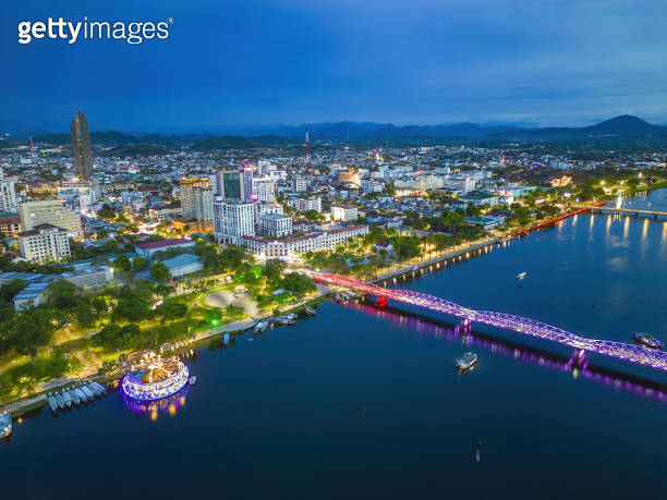 aerial view of Hue city with Truong Tien bridge which is a very famous ...