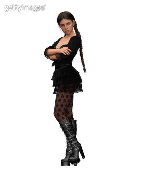 Goth girl teenager wearing black lace dress, tights and leather boots ...