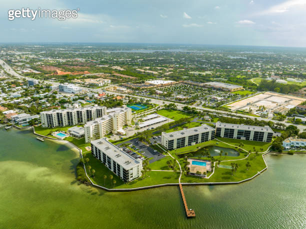 Waterfront condominium buildings in Jupiter FL USA shot with aerial ...