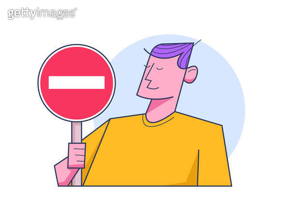 Stop sign and rejection concept, man character standing with red sign ...