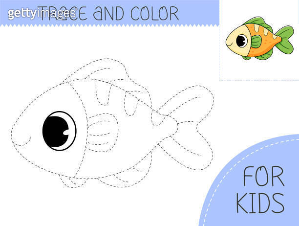 Trace and color coloring book with fish for kids. Coloring page with ...