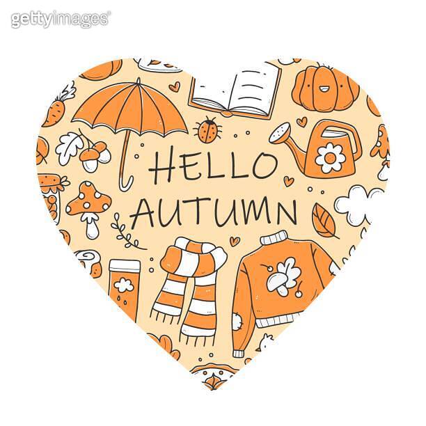Hello autumn concept. Heart shape with cute autumn doodles. Vector ...