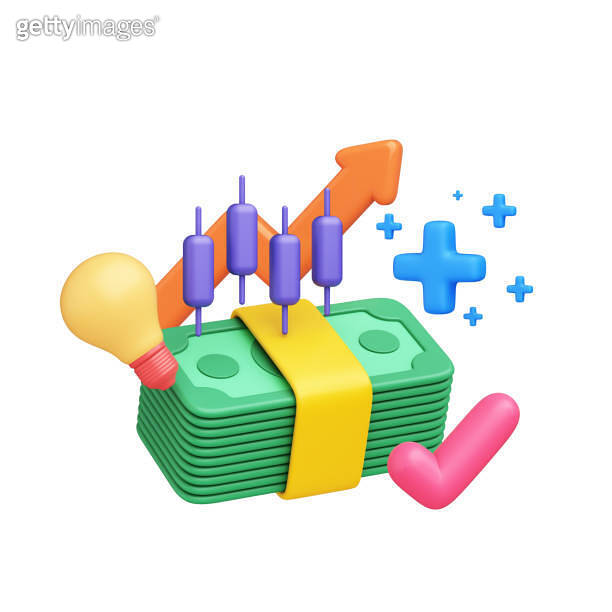Stack of dollar objects with arrow graph, indicator graph plus sign and ...
