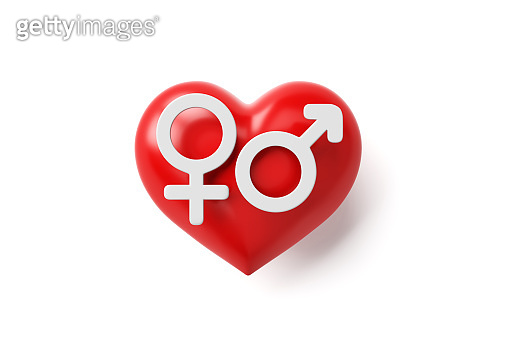 3d heart red reflect male female gender symbol love theme on white ...