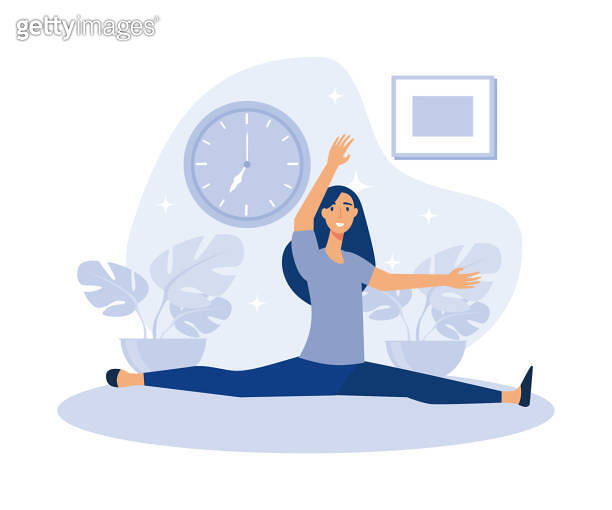 Smiling woman doing stretching exercise on mat, Active flexible person ...