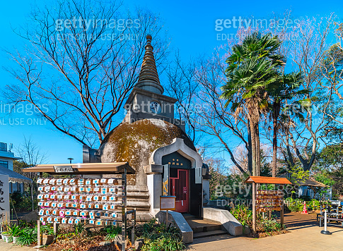 A stupa dedicated to the Buddha Shaka Nyorai aside a palm tree in Ueno ...