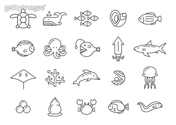 Sea water animal icons. Marine fish. Turtle and whale. Seafood line ...