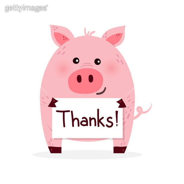 Funny pig with „thanks” text on a white background. Design of a cute ...