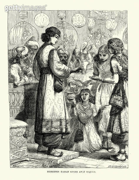 One Thousand and One Nights, Bedreddin Hassan giving awat sequins ...