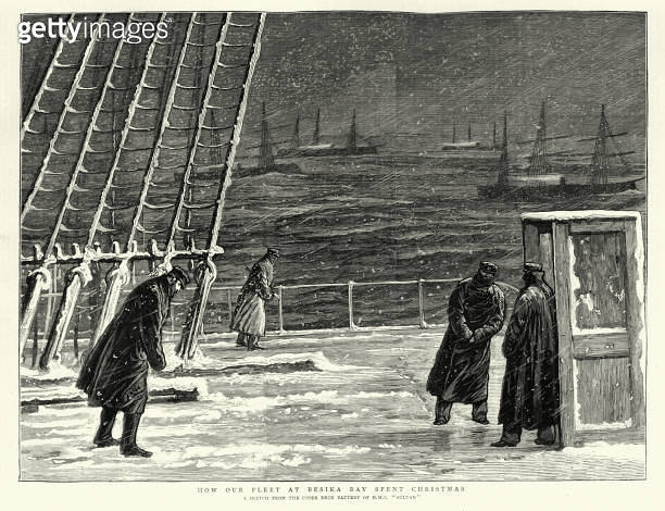 British Royal Navy sailors on deck of HMS Sultan during a snow storm of ...