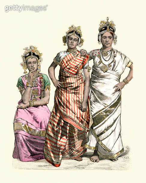 Traditional fashions costumes of Sri Lanka, Actresses of Jaffna, 19th ...