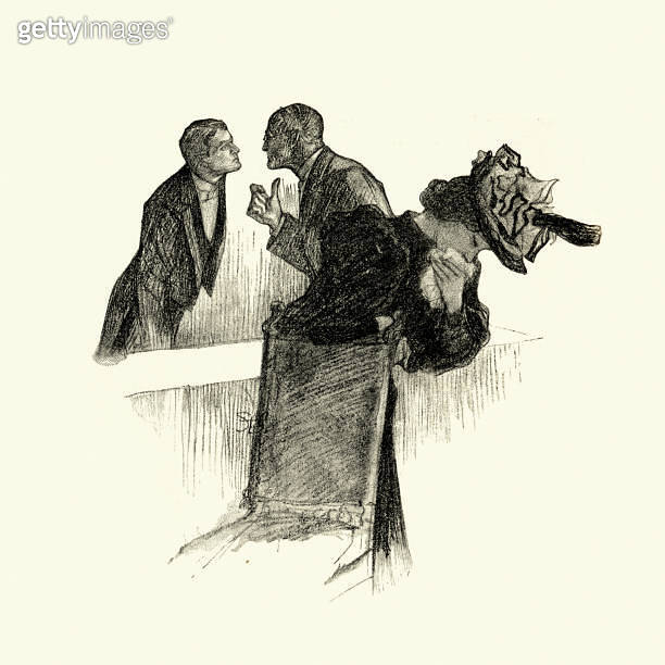Vintage illustration Upset young woman, two men arguing behind her ...