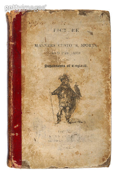 Old antique book with damaged cover, scuffed and torn, Manners customs ...