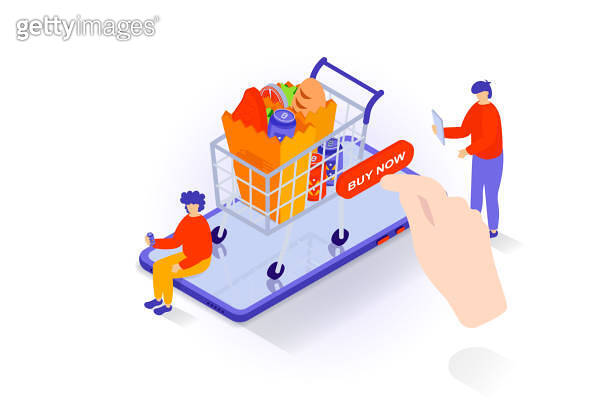 Food delivery concept in 3d isometric design. People ordering products bags in cart from ...