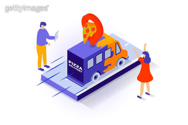 Food delivery concept in 3d isometric design. People ordering pizza at lunch from restaurant and ...
