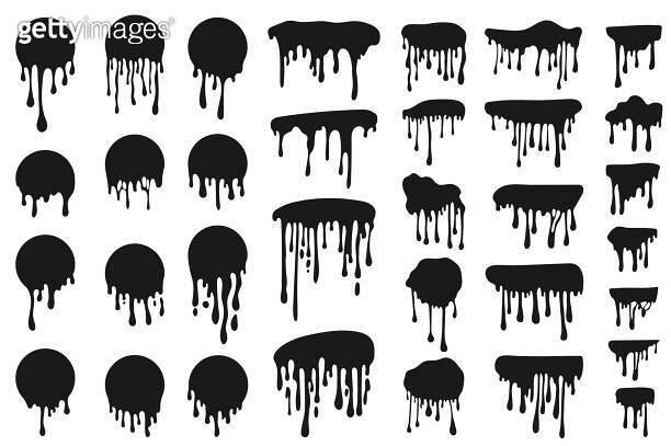 Dripping black ink set graphic elements in flat design. Bundle of ...