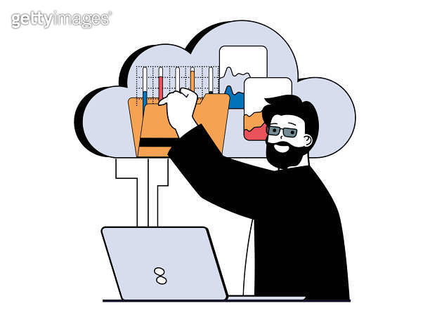 Digital business concept with character situation. Businessman develops startup using cloud ...