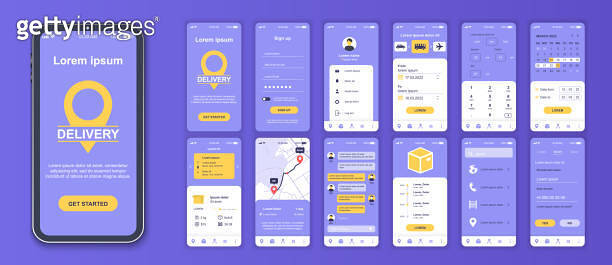 Delivery mobile app interface screens template set. Account login ...
