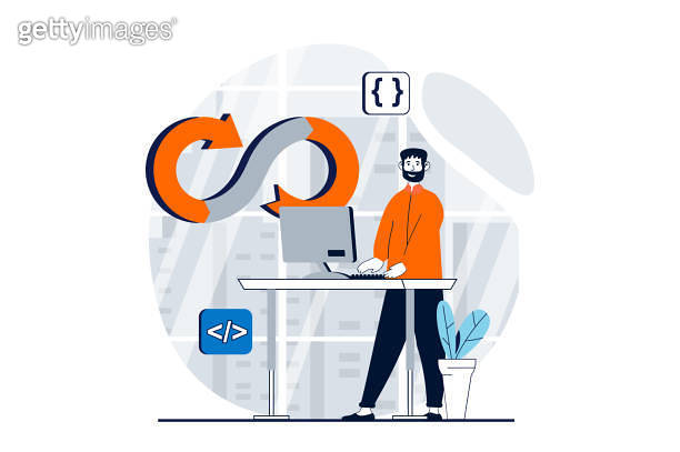DevOps concept with people scene in flat design for web. Man working with software development ...