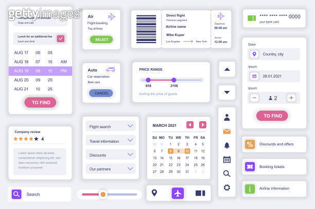 User interface elements set for booking mobile app. Kit template with HUD diagrams, airline ...