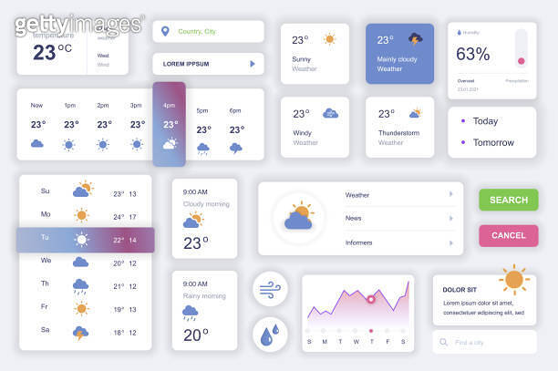 User interface elements set for weather mobile app. Kit template with ...