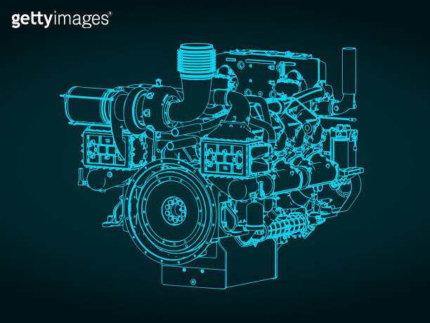 Heavy duty marine diesel engine isometric blueprint (1486923047) - 게티이미지뱅크