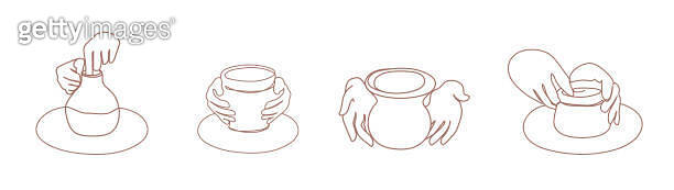 Outline sketch of hands making ceramics on a potter's wheel in doodle ...