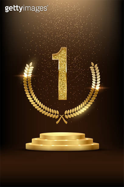 Winners podium with golden number one and laurel wreath with glitter ...