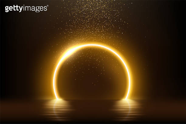 Gold curve neon arch with reflection in water, falling glitter and glow ...