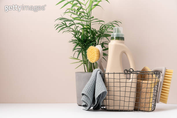 Set of eco-friendly cleaning tools on beige background with green plant ...