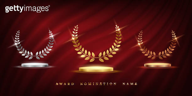 Golden, silver and bronze award signs with podiums and laurel wreath ...