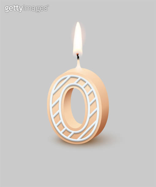 Birthday number candle with fire, 3D beige number 0 with icing ...