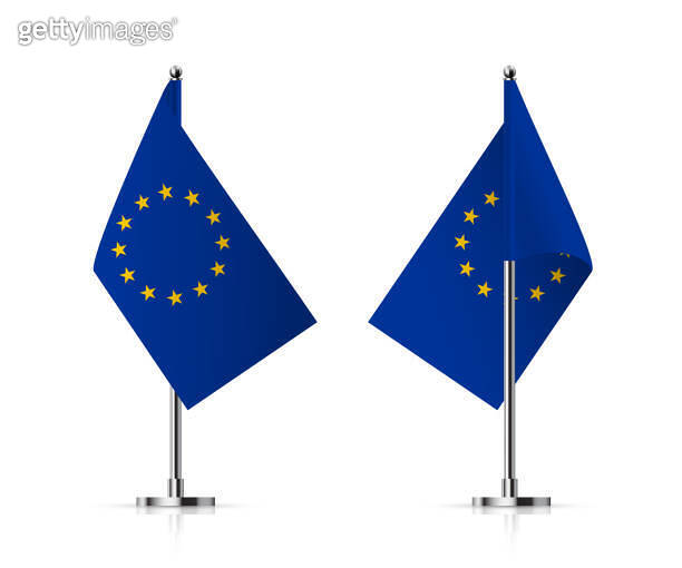 Flags of Euro on pole vector illustration. 3D realistic European Union ...