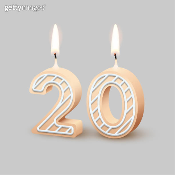 Birthday number twenty, candle with fire vector illustration. 3D beige ...