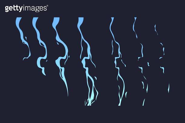 Lightning animation. Cartoon thunderbolt strike sprite frames for 2D game, electric ground ...