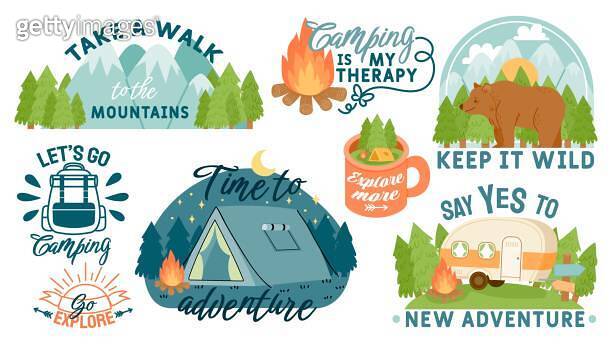 Camping, hiking and outdoor adventure motivation quotes and elements ...