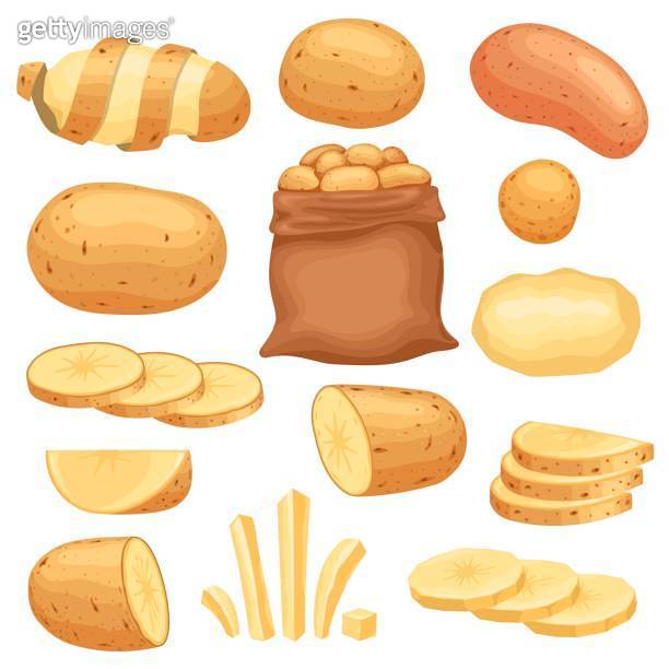 Cartoon peeled raw potato, sliced and french fries. Potatoes in bag ...