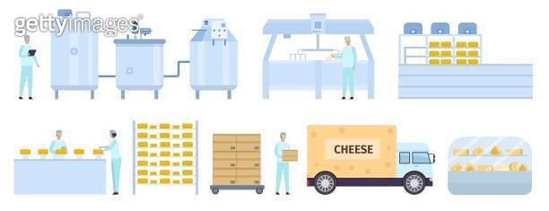 Flat cheese production manufacture factory with workers. Dairy product ...