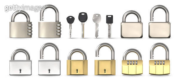 Open and closed metallic, gold and chrome code padlocks. Realistic ...