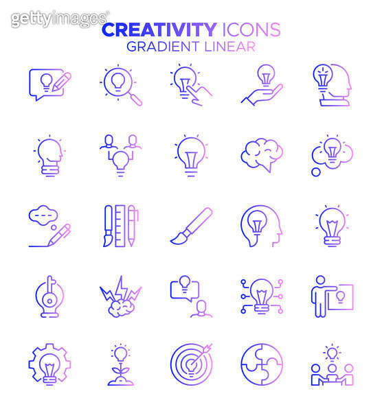 Creativity - Gradient Thin Line Vector Icon Set - Human Brain, Light ...